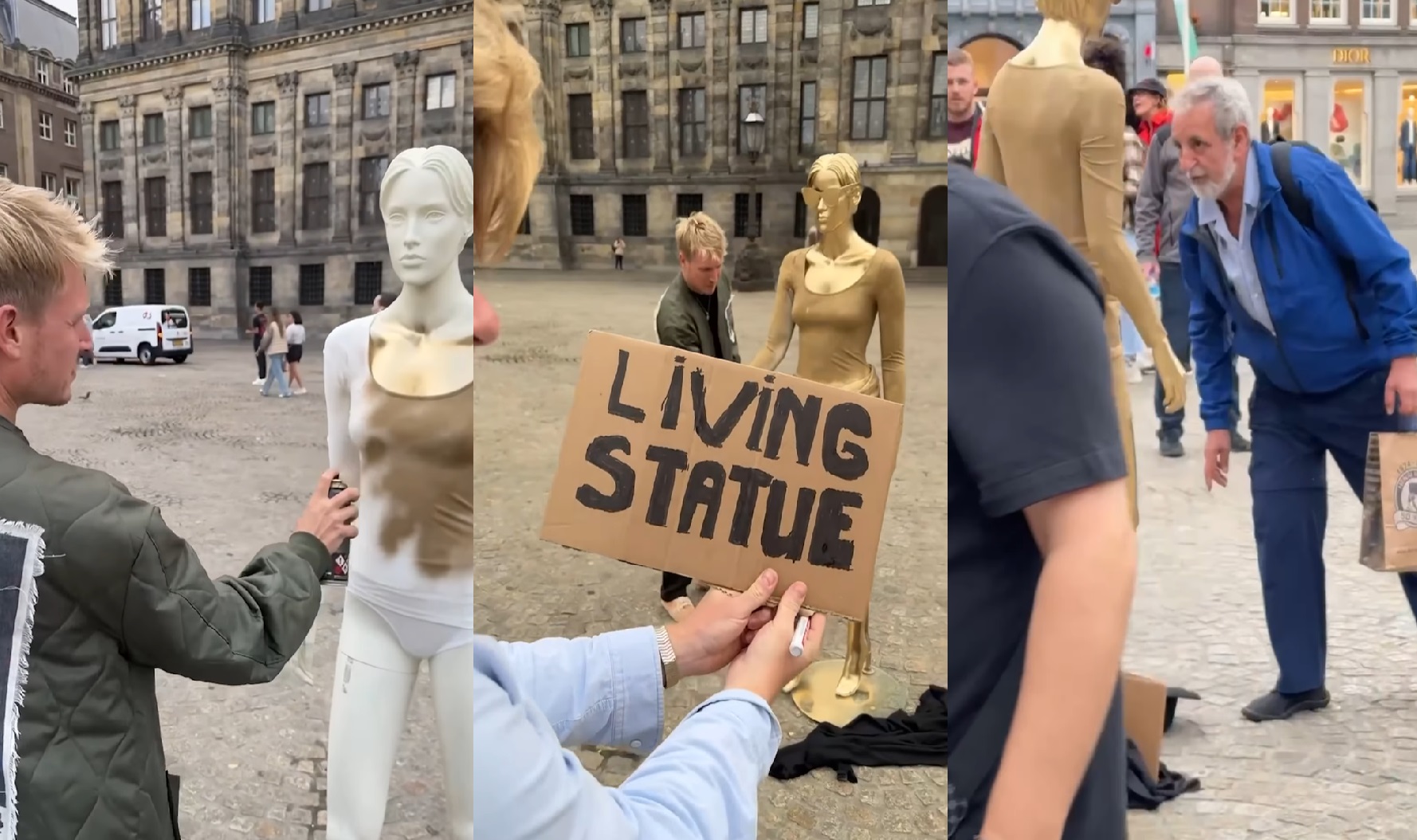 Gasten verdienen fortuin met etalage pop als 'levend standbeeld' op de Dam!