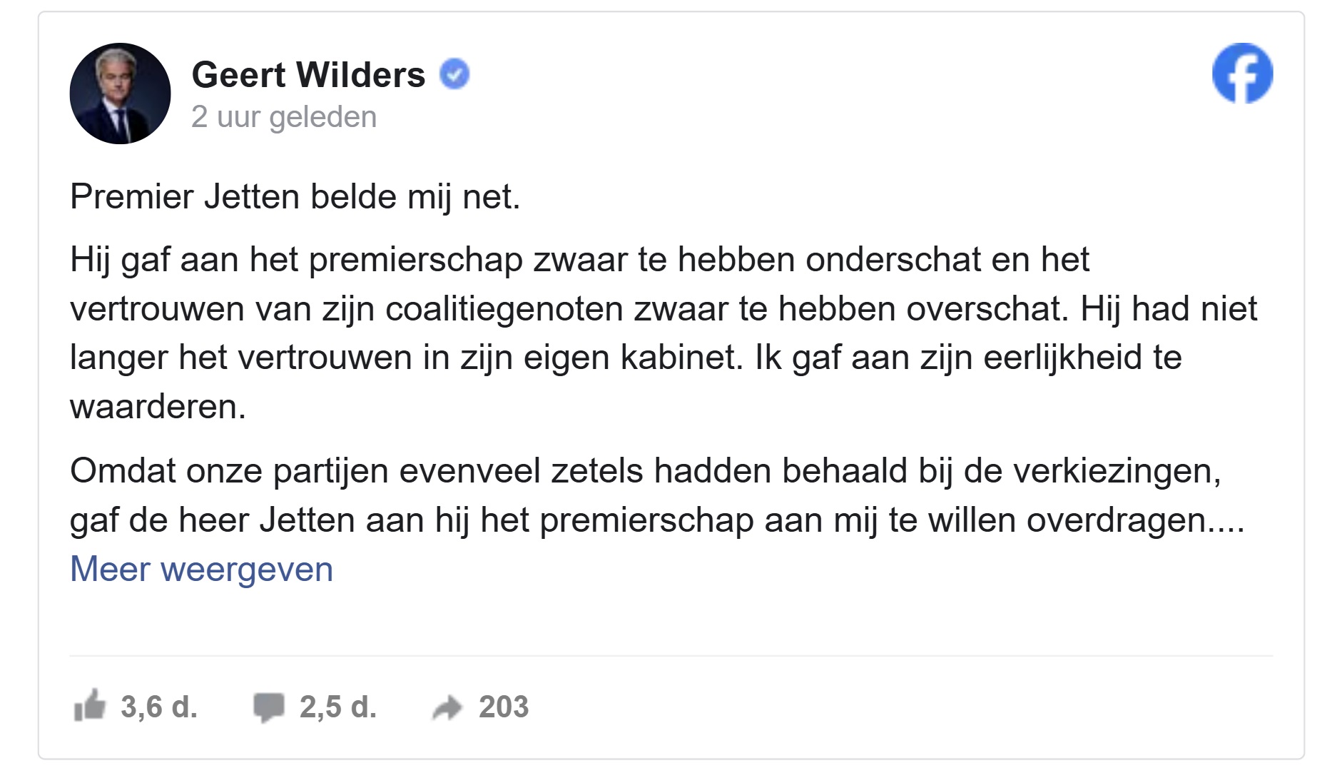 Geert Wilders maakt pijnlijke 1 april-grap: 'Premier Jetten belde mij ...